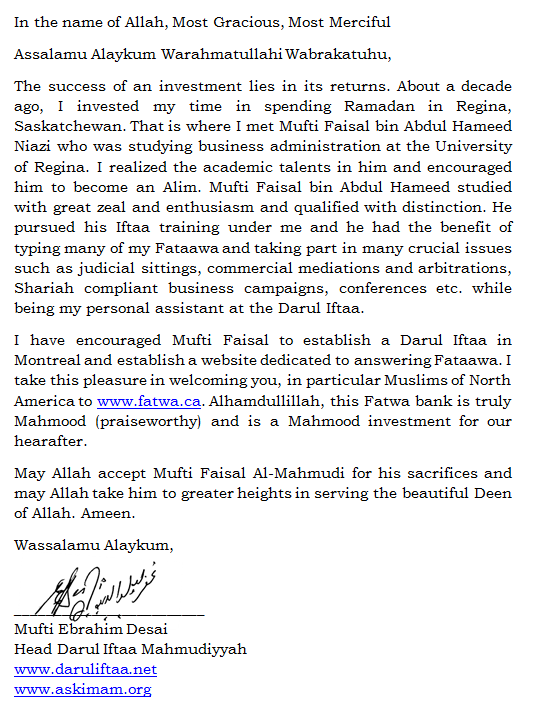 A Word About Fatwa.ca From Hazrat Mufti Ebrahim Desai Saheb (www ...